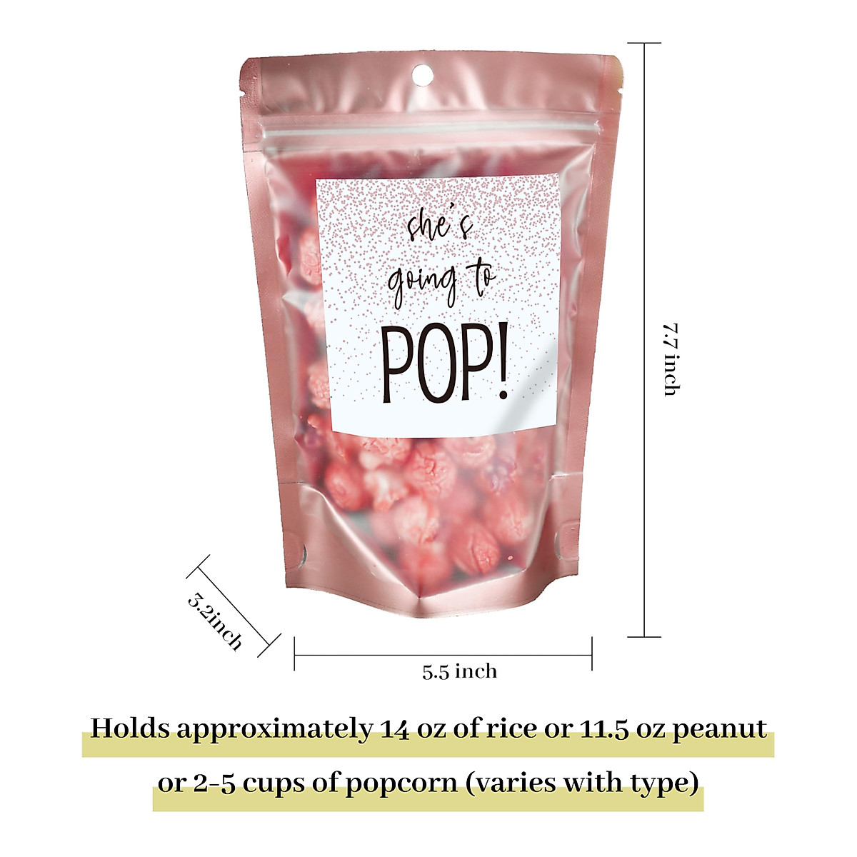 Puremigo 50 Pack Luxury Ready Pop Popcorn Bags Baby Shower, Popcorn Bags, Stand up Zip Pouches Treat Bags, 5.5 x 7.7 x 3.2inch (Rose Gold)