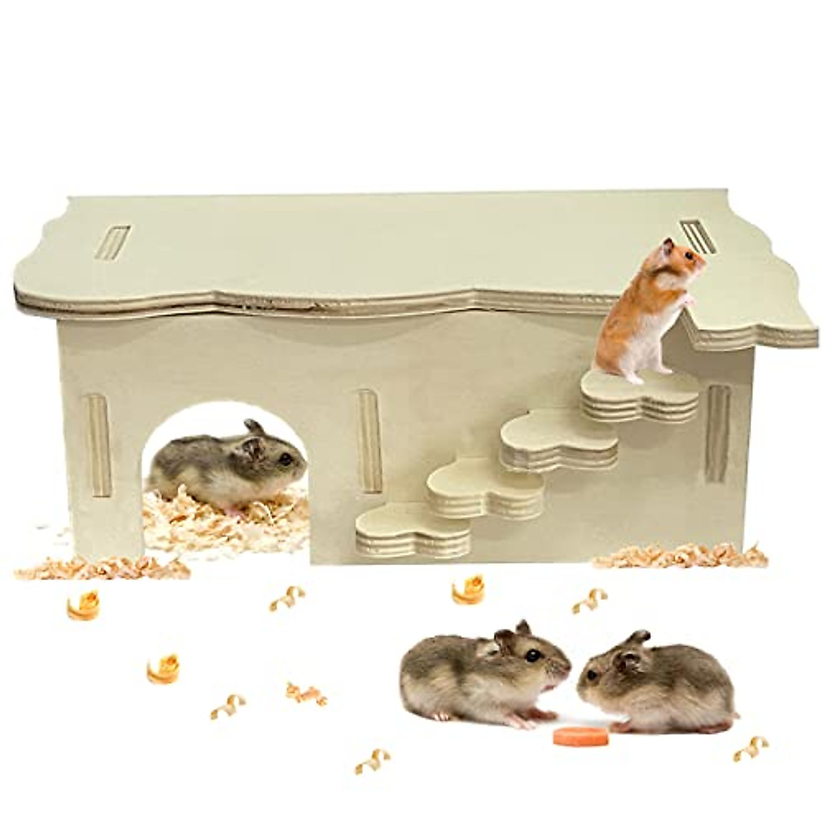 kathson Hamster Hideouts with Ladder,Hamsters Wooden House,Detachable Guinea Pigs Hut Chinchillas Habitats Cage Accessories for Gerbil Hedgehogs Bunny(L)
