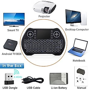 BL Mini Wireless Keyboard Remote Control with Touchpad Mouse Combo, Backlit 2.4GHz Mini Keyboard Wireless USB Dongle Rechargeable Li-ion Battery for Android TV Box Smart TV PC PS3 Windows MacOS X-Box