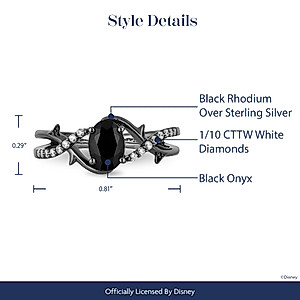 Jewelili Enchanted Disney Fine Jewelry Black Rhodium Over Sterling Silver 7x5MM Oval Black Onyx and 1/10 Cttw Diamonds Maleficent Ring, Size 6