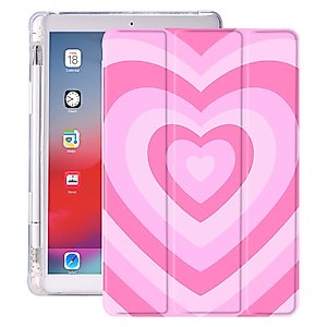 Idocolors Pink Love Heart Pad Case White Case for ipad 7th/8th/9th Generation (iPad 10.2 Inch Case 2019/2020/ 2021) Cute Girly Anti-Scratch Shockproof with Pencil Holder Trifold Stand Case