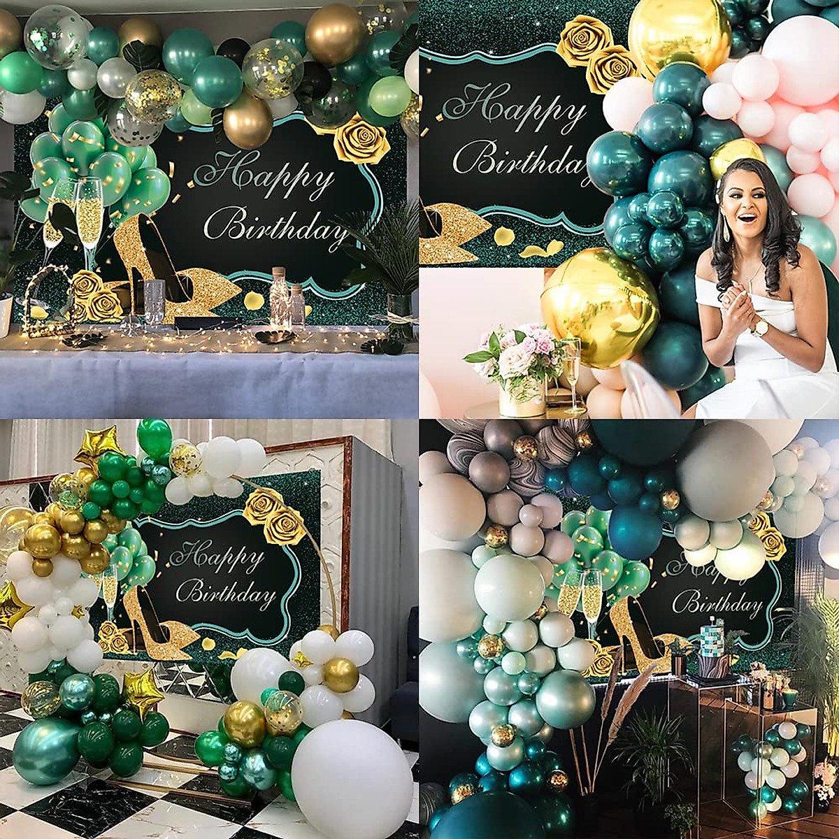 Bellimas Happy Birthday Backdrop Green and Black Women Birthday Party Banner High Heels Champagne Gold Rose Background Birthday Prom Party Supplies