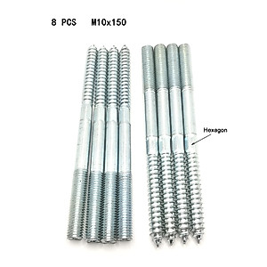 Haozheng Hanger Bolt M10x150 Silvery Double Headed Bolt Self-Tapping Screw with Hexagon for Furniture 8Pcs