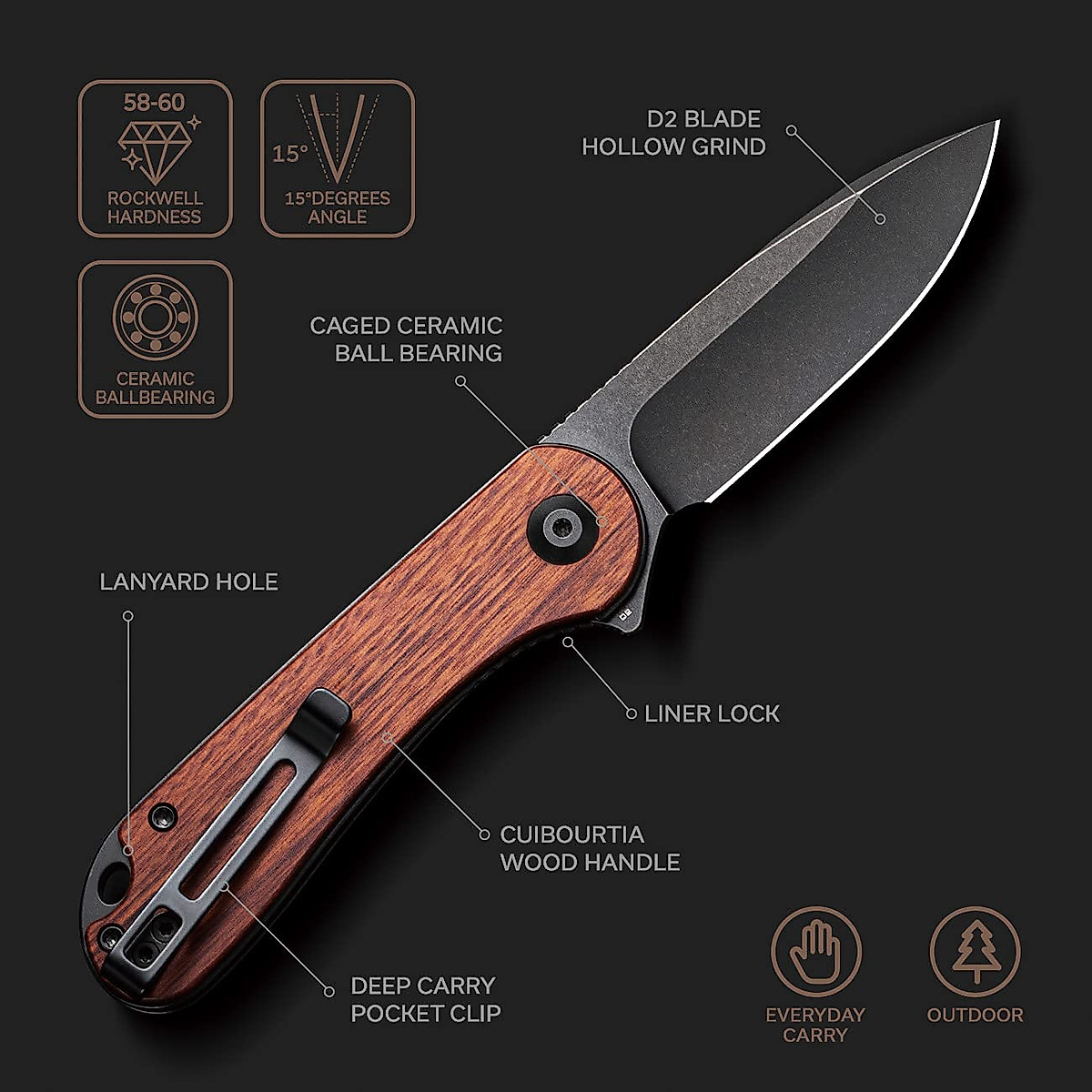 CIVIVI Elementum Pocket Knife, Folding Knife for EDC with 2.96" D2 Black Stonewashed Blade Cuibourtia Wood Handle, Flipper Knife with Clip for Men C907U