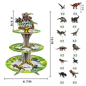 Dinosaur Cupcake Toppers 24Pcs and Dinosaur Cupcake Stand Jurassic Birthday Party Supplies Set for Kids Boys Dinosaur Theme Birthday Party Decorations 3 Tier Dino Cardboard Cupcake Stand Topper