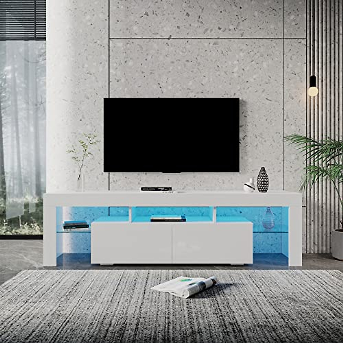 Holaki LED TV Stand,Modern High Gloss TV Console with 20 Color LEDs/Remote Control Lights,Media Console Entertainment Center for Up to 80 inch TV,Wood TV Cabinet with 2 Drawers & Open Shelves (White)