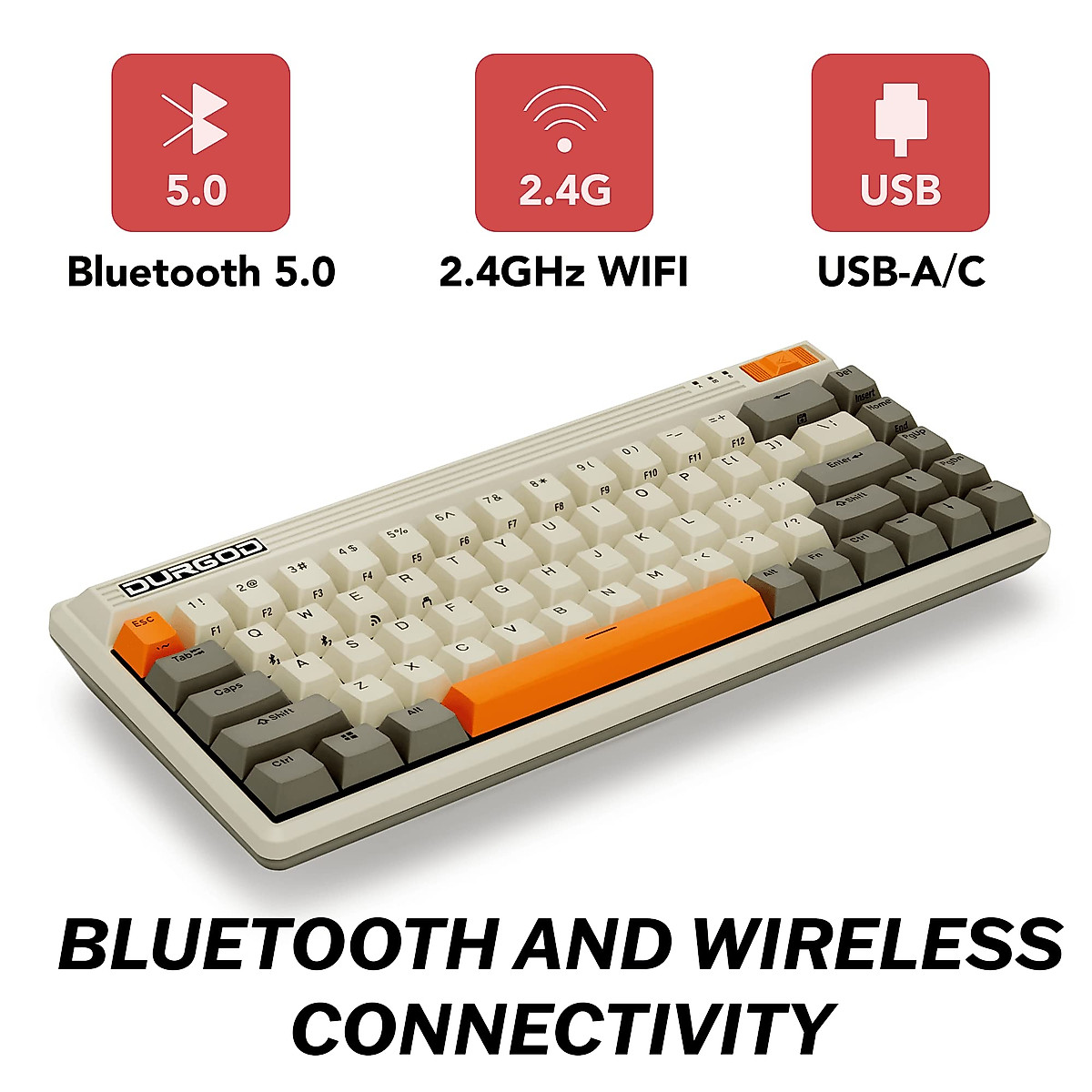 DURGOD Fusion Mechanical Retro Keyboard | 65% Layout | Wireless 2.4 GHz, Bluetooth 5.0, USB C | Doubleshot PBT | Up to 40 Days Battery Life | Windows, Android, iOS (Cherry MX Brown, Original)
