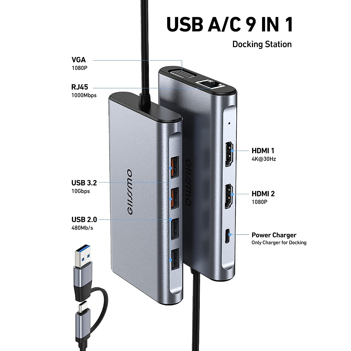 USB Docking Station Dual Monitor, GIISSMO 9-in-1 USB A 3.0 / USB C Docking Station Triple Monitor with 2 HDMI,VGA, 10Gbps USB 3.1, Gigabit Ethernet, Triple Display for Mac & MacBook & Windows Laptop