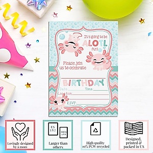 Amanda Creation Axolotl Birthday Party Invitations, 20 5x7 Fill-In Cards with Twenty White Envelopes