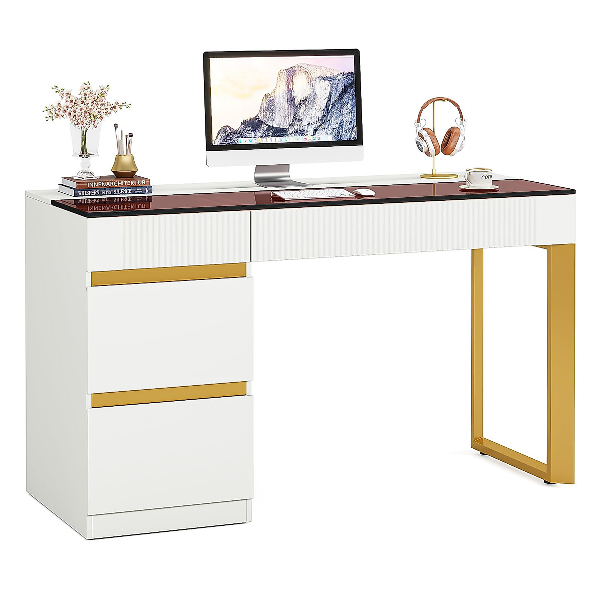 Tribesigns Computer Desk with 4 Drawers, 47 Inch Modern Home Office Desk with Glass Top, White and Gold Writing Workstation Desk with Storage, Makeup Vanity Table for Living Room, Bedroom