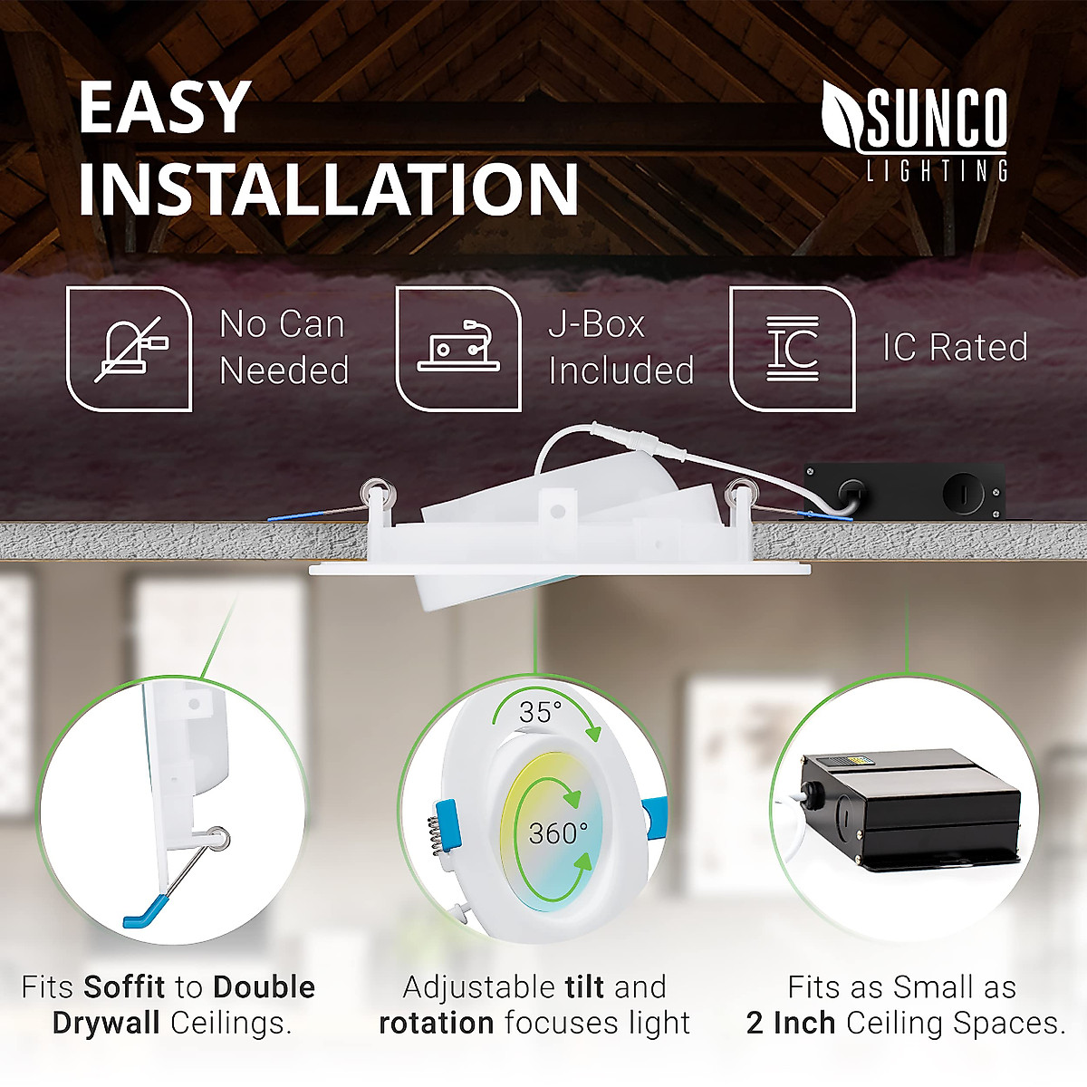 Sunco Lighting 6 Pack Recessed LED Lights Canless 4 Inch Eyeball Gimbal 12W, Selectable 2700K/3000K/3500K/4000K/5000K, Angled Directional Light with Jbox, Ultra Slim Dimmable, ETL