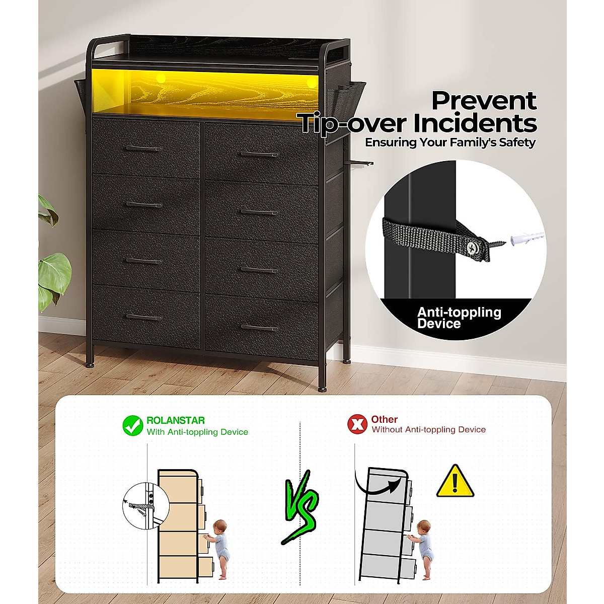 Rolanstar Dresser with Power Outlets and LED Lights, 8 Drawers Dresser with Side Pockets, Fabric Chest of Drawers with PU Finish, Tall Dresser with Sturdy Frame & Wood Top for Bedroom, Black