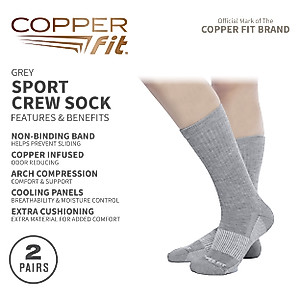 Copper Fit unisex adult Crew Sport - 2 Pack Running Socks, Gray, Large-X-Large US