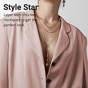 Rosary Necklace for Women - Lariat Cross Necklace in Goldtone - Fashion Rosary Bead Necklaces - 21" Chain Length Jewelry Catholic Faith Christian Religious Birthday Gifts for Women