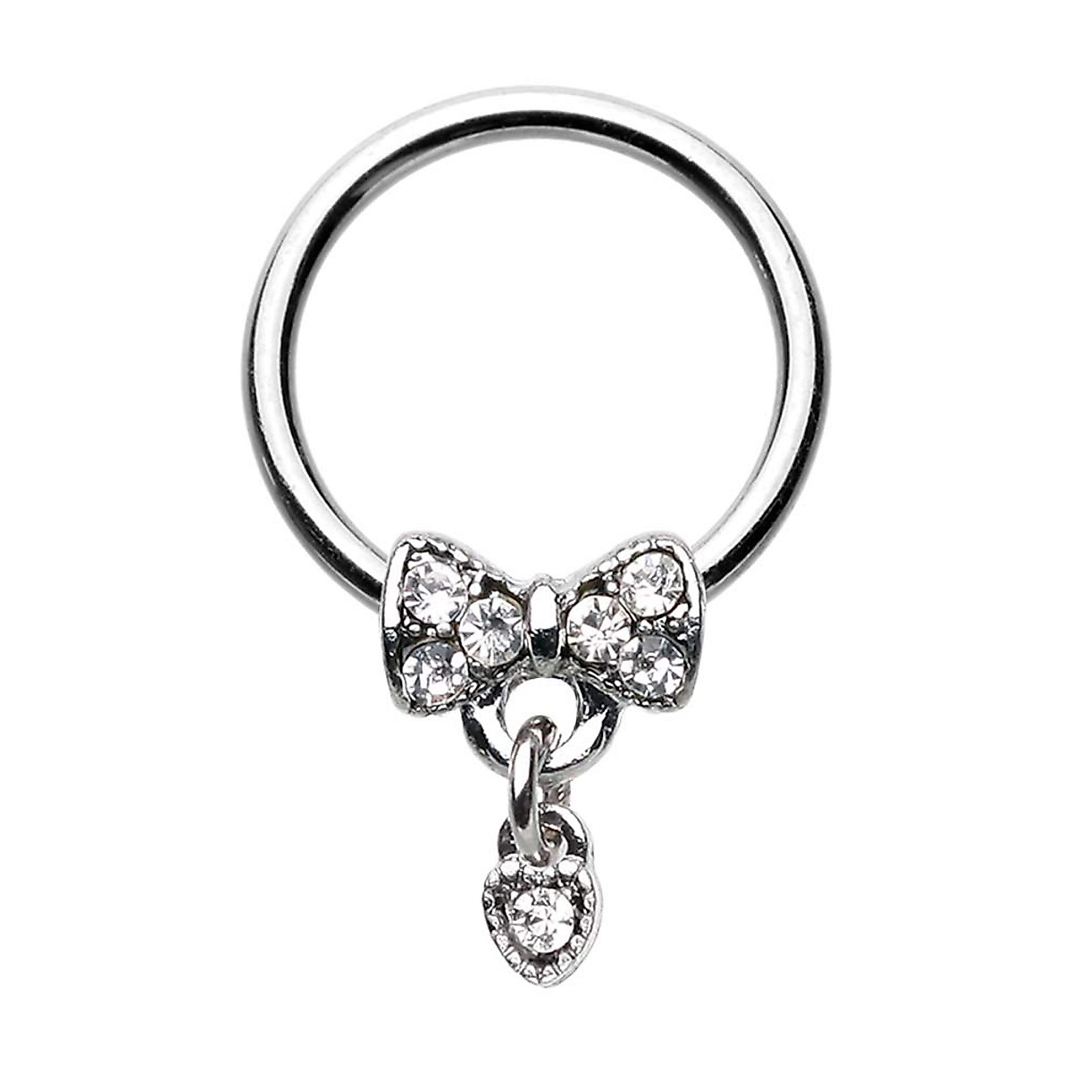 Amelia Fashion 16 Gauge Dainty Bow-Tie Dangle Captive Bead Ring 316L Surgical Steel (Silver/Clear)