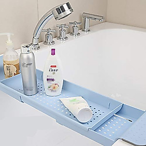 VALICLUD 55. 5-78cm Luxury Bathtub Tray Expandable Bathtub Caddy Tray Plastic Bath Tray for Bathtub Adjustable Bath Tub Table Caddy with Book Phone Wine Holder Shower Organizer (Sky- Blue)