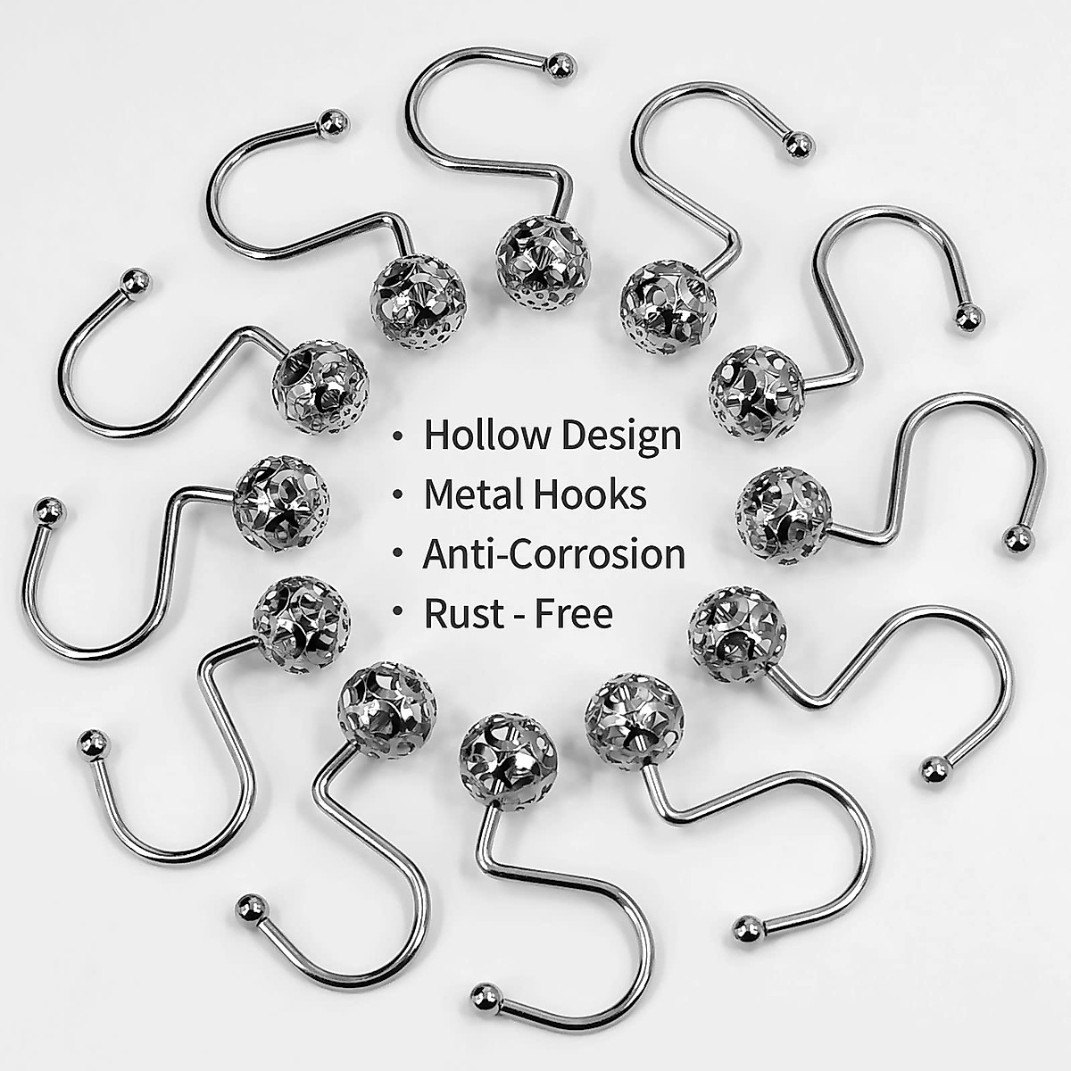 MitoVilla Silver Metal Shower Curtain Rings and Hooks, Chrome Metal Hollow Ball Rust Proof Rings for Curtain Liner and Bathroom Shower Rod Accessories