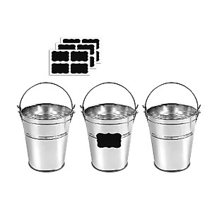 12 Metal Buckets with Chalkboard Stickers, Small Galvanized Pail for Party and Wedding, 5 Inch Tin Buckets, Garden Planters, (tie tong)