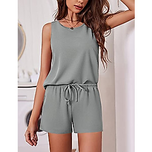 Ekouaer Womens Pajamas Tank Top and Shorts Waffle Pjs for Women Set Summer Trendy Sleepwear Set with No Sleeve Light Gray,Small