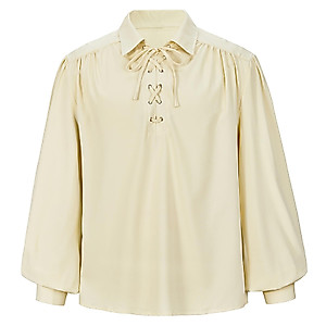 Zando Men's Renaissance Faire Costume - Long Sleeve Medieval Pirate Shirt - Beige, X-Large