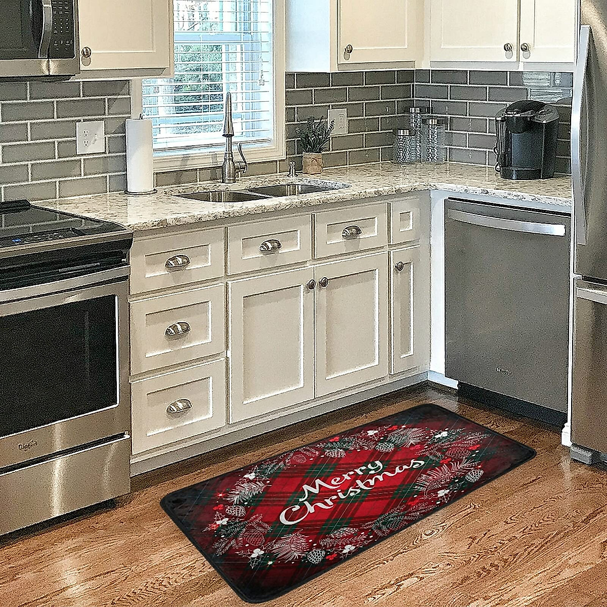 senya Christmas Rugs Kitchen Rugs Runner Christmas Monogram Wreath Tartan Plaid Doormat Bath Rugs Mat Non Slip Area Rugs for Bathroom Kitchen Indoor 39" X 20"