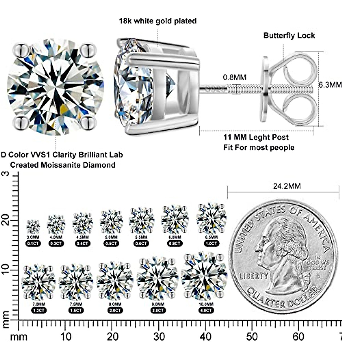 Moissanite Stud Earrings Screw Back 2.0CT 6.5MM*2 18K White Gold Plated S925 Sterling Silver Round Cut D Color VVS1 Clarity Lab Created Moissanite Diamond Earrings for Women Men