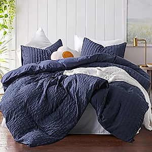 NTBAY 3 Pieces Queen Duvet Cover Set, Seersucker Textured Stripe Washed Microfiber Comforter Cover with Zipper Closure, 90x90 Inches, Navy Blue