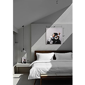 Modern Pop Art Decor - Framed - Thinking Monkey With Headphones Canvas Print Home Decor Wall Art, Gallery Wrap Inner Frame, 24x24