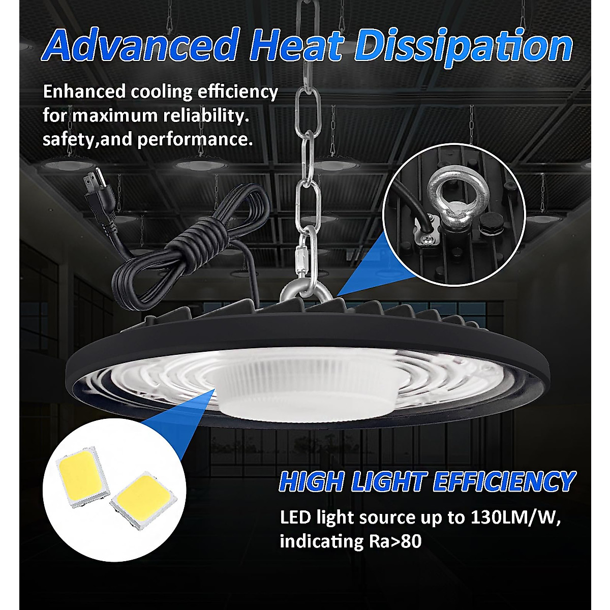 2 Pack LED High Bay Light 120W,5000K UFO Lighting with Steel Safety Rope, IP65 Waterproof Commercial LED Warehouse Lights for Shop Warehouse Factory etc. (with US Plug 5ft Cable)