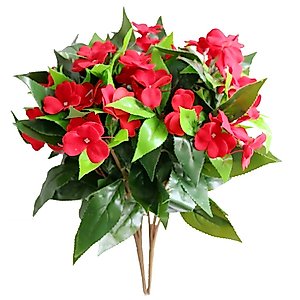 Xilyya 2PCS Artificial Impatiens Bushes Silk Flowers Greenery Indoor Garden Office Wedding Decor (Red)