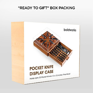 Pocket Knife Display Case Pocket Knife Case Pocket Knife Holder Stores Upto 30 Knives in Two-tier Pocket Knife Storage with Shatterproof Acrylic Glass Top Large Wooden Shelf and Walnut Color Finish