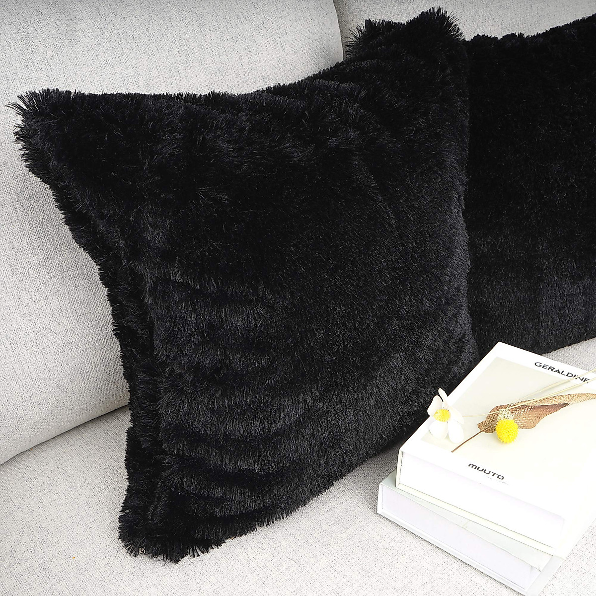 YOUR SMILE Pack of 2, Decorative New Luxury Series Merino Style Fur Throw Pillow Case Cushion Cover 18" x 18"(Black)