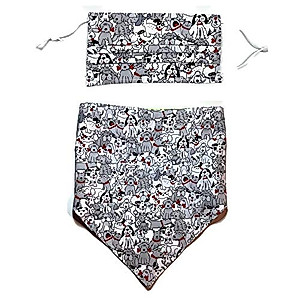 Matching Pleated Face Mask Reversible Puppy Dog Bandana, Cute Grey White Black Cartoon Dog Mutt Red Tongue, Adjustable Snap, Personalized Premium Durable 100% Cotton, Around head elastic fabric ties