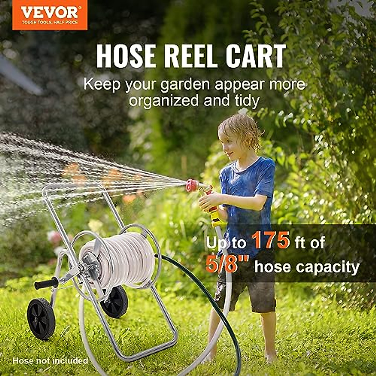 VEVOR Hose Reel Cart - Mobile Heavy Duty Steel Garden Tool Cart with Wheels, Holds up to 175 ft of 5/8'' Hose