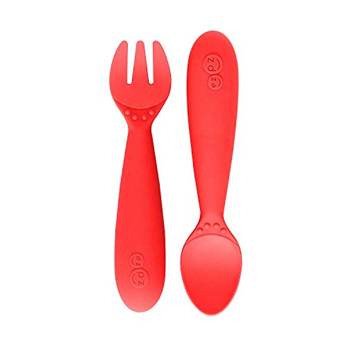 ez pz Mini Collection Set (Coral) - 100% Silicone Cup + Straw, Fork, Spoon & Mini Mat Suction Plate with Built-in Placemat for Infants + Toddlers - First Foods + Self-Feeding - 12 Months+