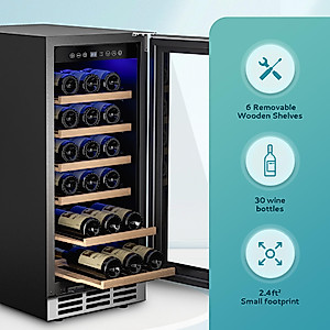 EUHOMY 15 Inch Under-counter Refrigerators, Single Zone Wine Fridge, Wine Refrigerator Digital Temperature Control, Freestanding Wine Chiller with Removable Shelves