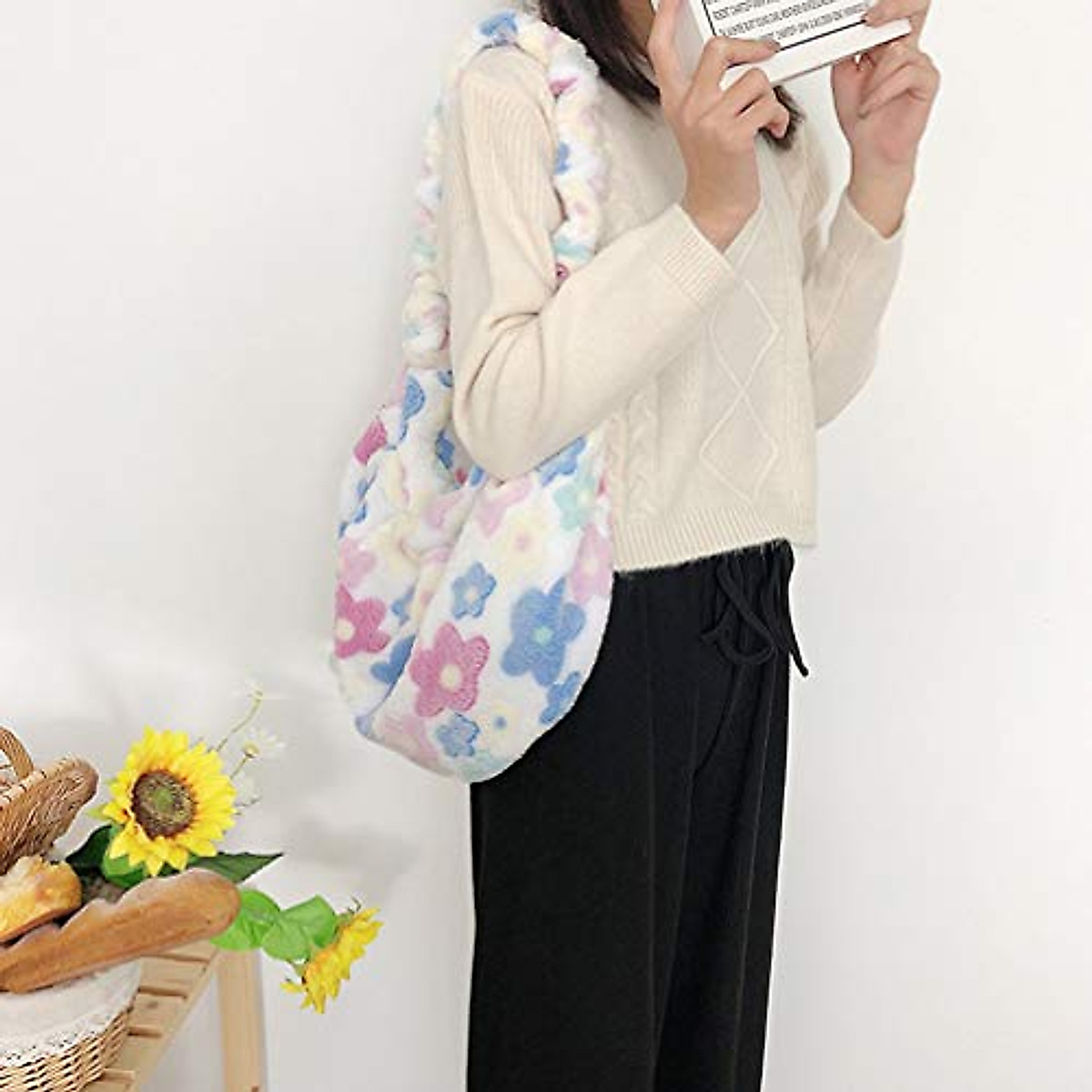 VALICLUD Hobo Bag Large Capacity Furry Handbag Shoulder Tote Bag Fluffy Purse Floral Flower Purse for Women