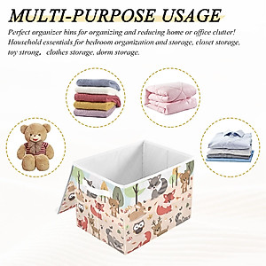 Large Collapsible Fabric Storage Bins with Lids 16.5*12.6*11.8in Cute Woodland Forest Animals Deer Rabbit Bear Fox Raccoon Bird Owl Foldable Storage Boxes Organizer Containers Baskets Cube for Shelves
