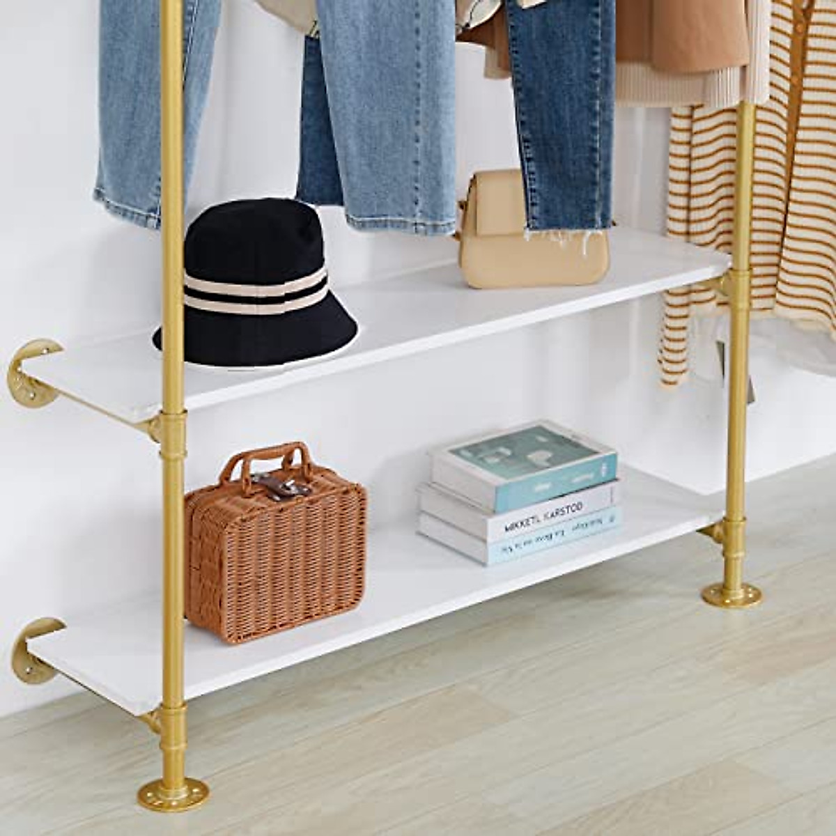 EDCB Industrial Pipe Clothing Rack with Shelves Closet Rods System, Double Hanging Rods Wall Mounted Clothes Rack Heavy Duty, Detachable Garment Bar (91.5X72inch, Gold)