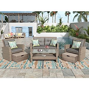 Merax Gray 4 Piece Outdoor Conversation Rattan Wicker Furniture Sectional Sofa Set with Ottoman Cushions