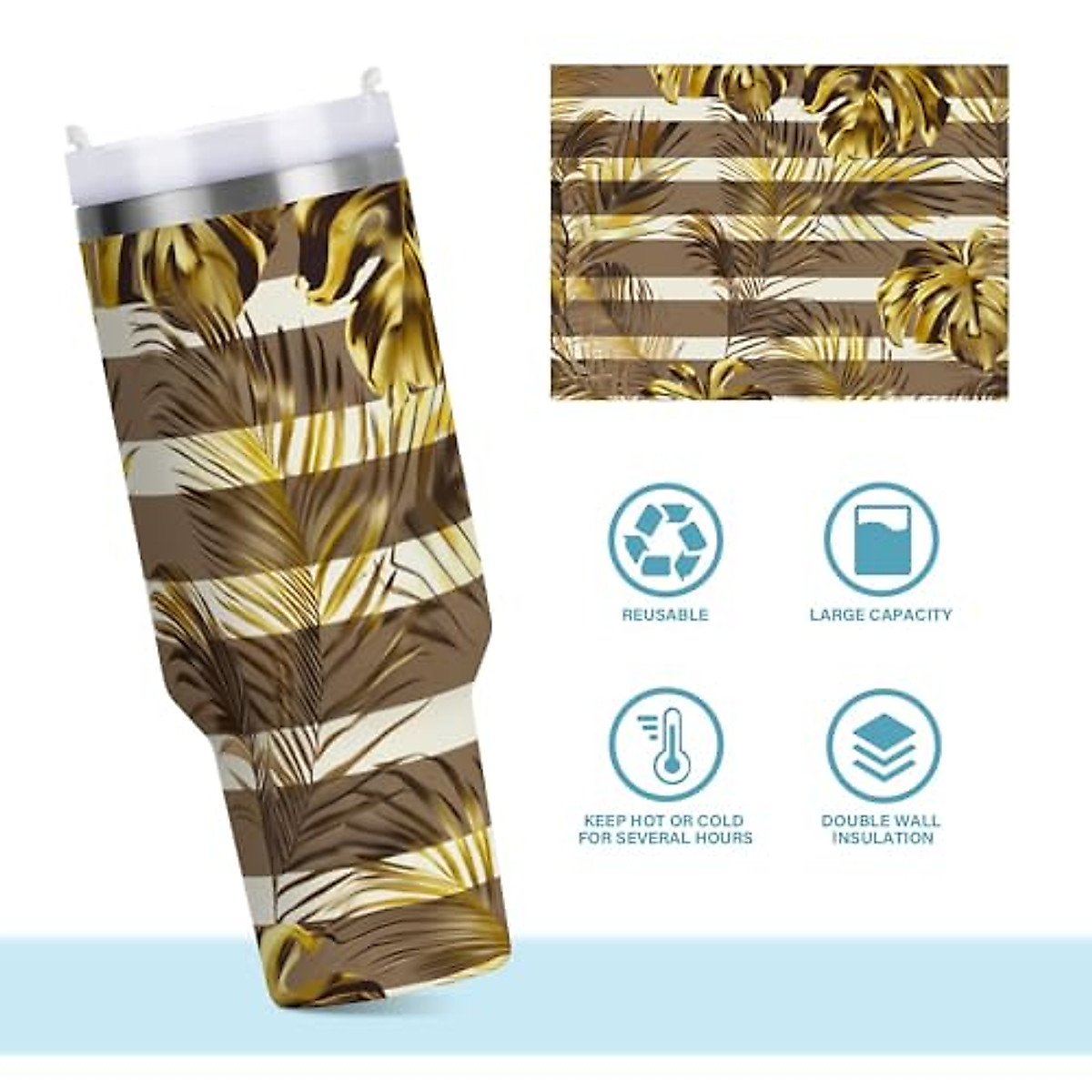 ODAWA 30 Oz Tropical Leaves Stripe Brown Insulated Water Bottle with Lid and Straw, 2 in 1 Lid Insulated Double Insulated Tumblers