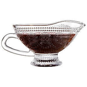 Kingrol 2 Pack 10 oz Gravy Boat for Serving Gravy Sauces Salad Dressings Syrups Coffee Milk, Glass Creamer Pitcher with Vintage Embossed Design