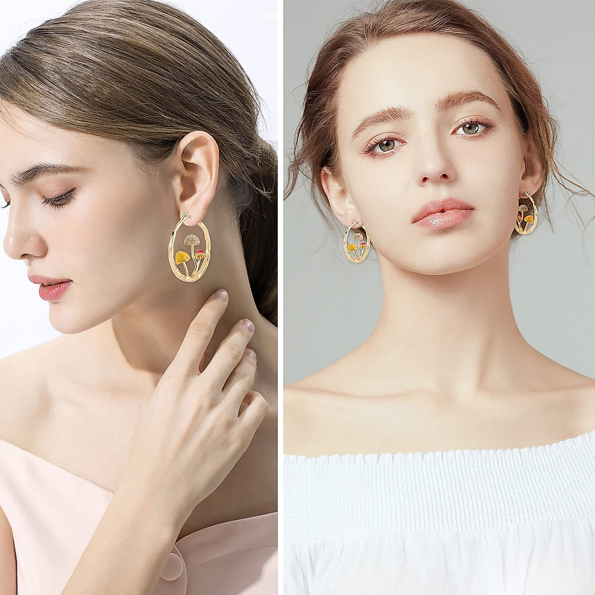 Emoin Mushroom Earrings For Women,Mushroom Hoop Dangle Earrings, Gold Hoop Earring Mushroom Dangle,Mushroom C-shaped Big Earrings For Women Girls Gift,Earrings Pendant Mushroom Jewelry Accessories