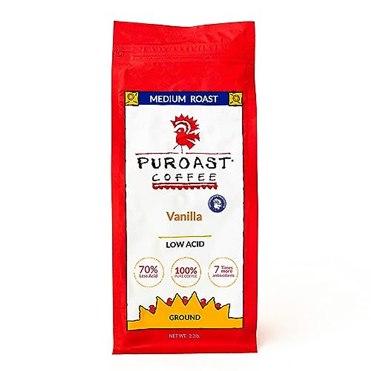 Puroast Low Acid Coffee Flavored Coffee | Vanilla Ground | Medium Roast | High Antioxidants & High pH |No Bitter Aftertaste | Reduced Heartburn & GERD | Suitable for Cold Brew - 2.2 LB