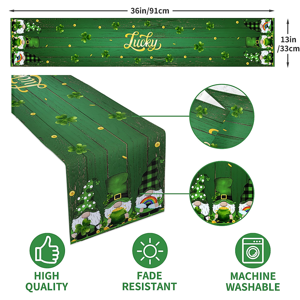 Flyart St Patricks Day Table Runner, Spring Green Gnome Shamrock Decor Table Runners for Kitchen Dining Coffee Home Wedding Parties, Holiday Burlap Table Runners for St Patrick Decor (13x36 inch)