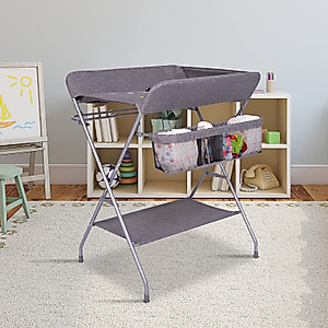 Baby Changing Table Nursing Station - Folding Diaper Table for Newborn Infant with Large Organizer Racks & Safety Belt, Grey