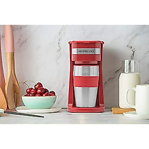 Mixpresso Personal Single-Serve Coffee Maker & 14oz Travel Mug, Drip Small Coffee Maker & Tumbler, Auto Shut Off & Reusable Filter, Red Coffee Maker Compatible with Coffee Grounds