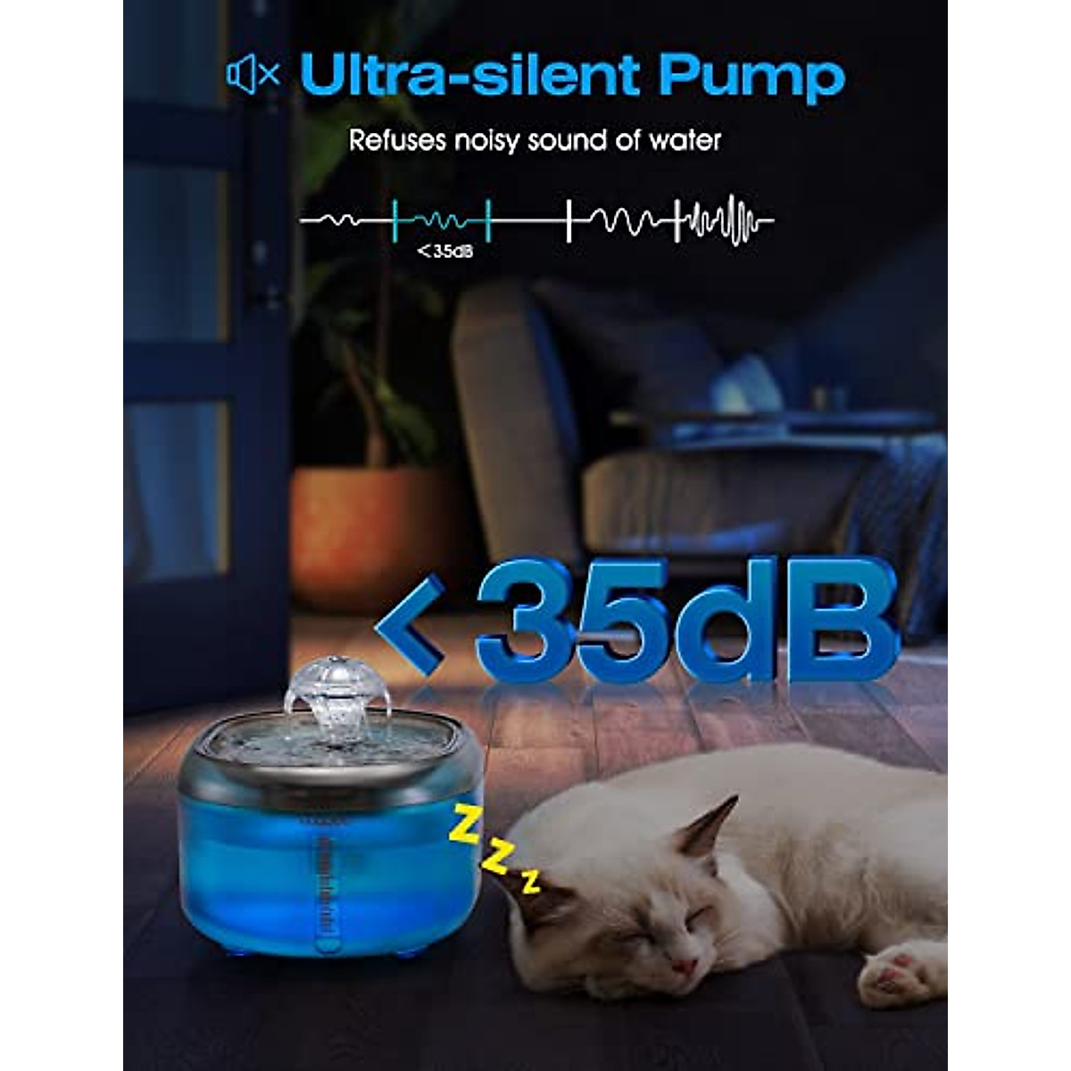 WOPET Cat Water Fountain, 67oz/2L Automatic Cat Water Dispenser Pet Water Fountain, W300 Silent Pet Waterfall Drinking Fountain with 1 Replacement Filter for Cats, Dog, Small Pets Without Light, Blue