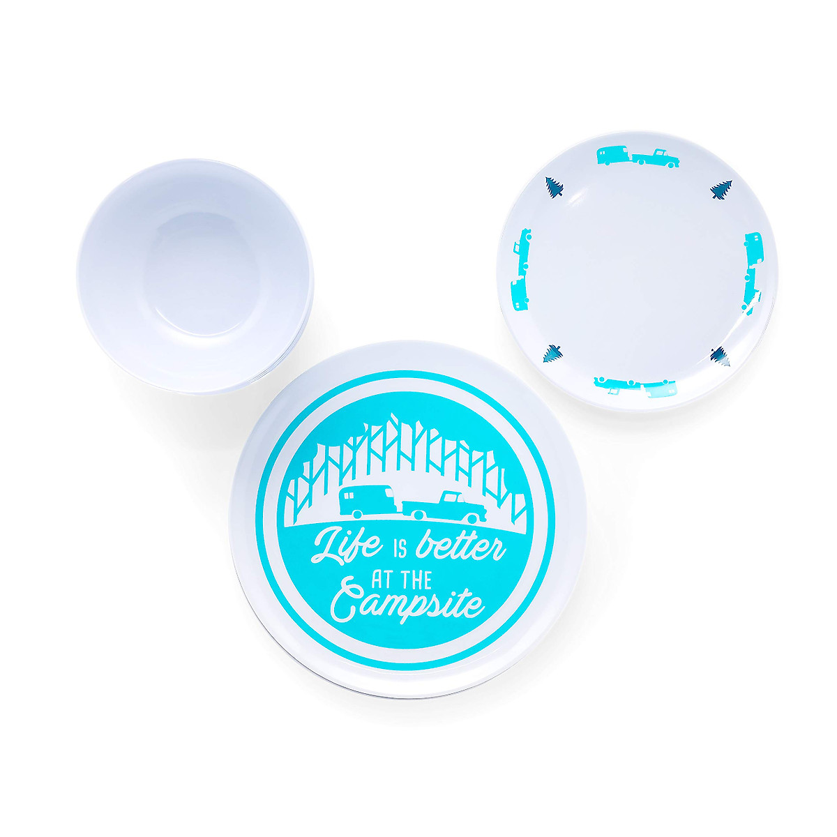 Camco Life is Better at The Campsite Dishware Set | Includes (4) Large Dinner Plates, (4) Small Salad Plates and (4) Bowls | Top Rack Dishwasher Safe | Blue Tree and Truck Design (53294)