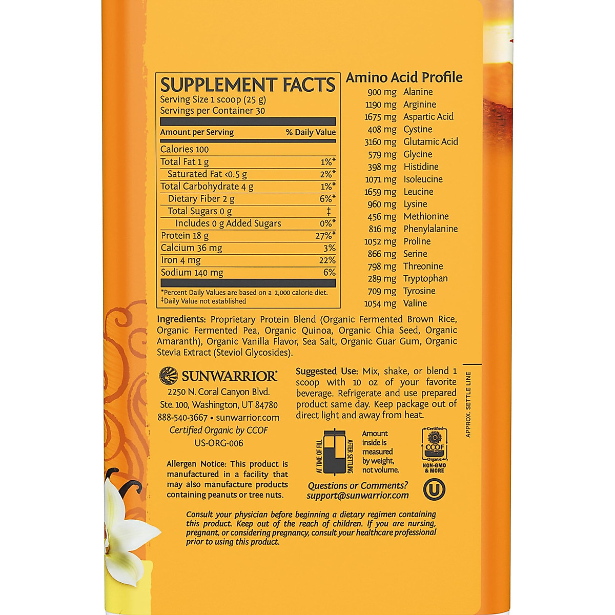 Sunwarrior Vegan Organic Protein Powder Plant-based | 5 Superfood Quinoa Chia Seed Soy Free Dairy Free Gluten Free Synthetic Free NON-GMO | Vanilla 30 Servings | Classic Plus